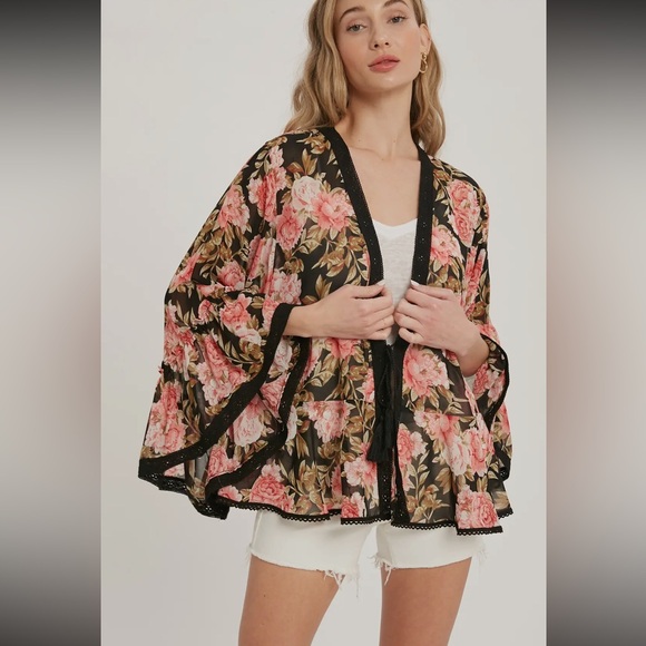 Tops | 691 Black Floral Kimono Various Sizes | Poshmark